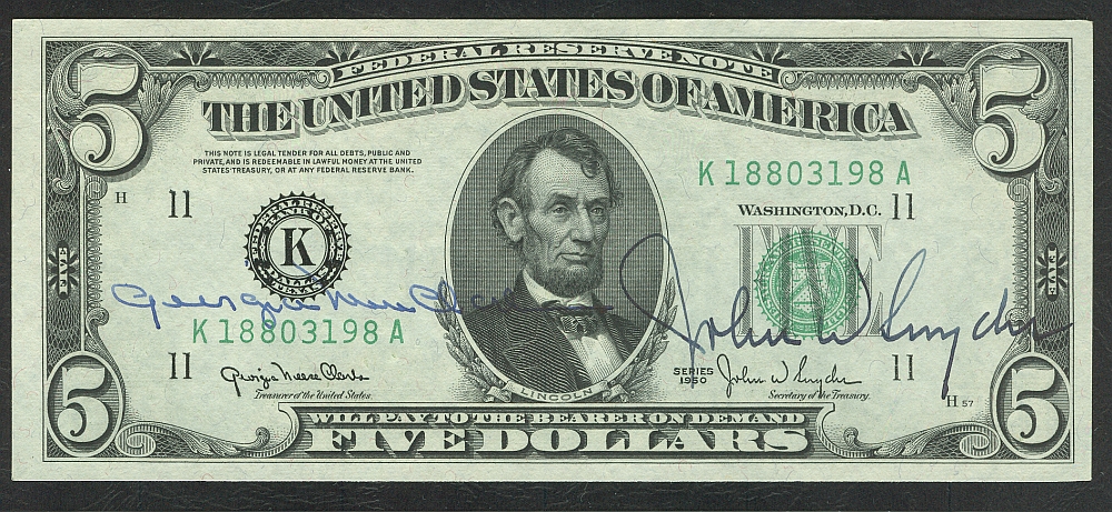 Fr.1961K, 1950 $5 FRN Double Courtesy Autograph, Georgia Neese Clark ...
