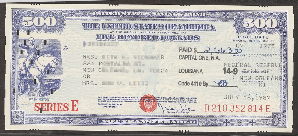 United States Savings Bond, Series E, 07/1975 $500 Washington Mounted ...