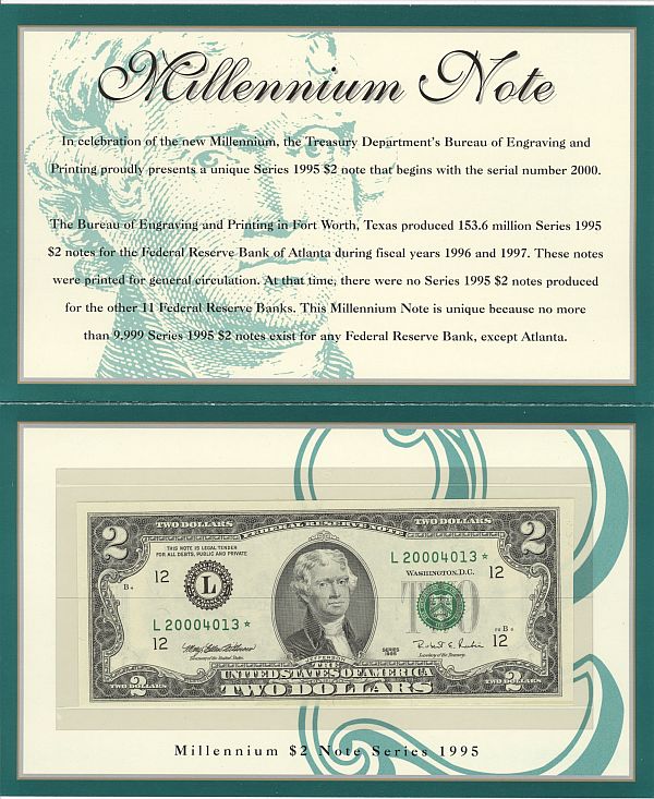 Fr.1936-L*, 1995 $2 FRN (Millennium Note) L20004013*, CU