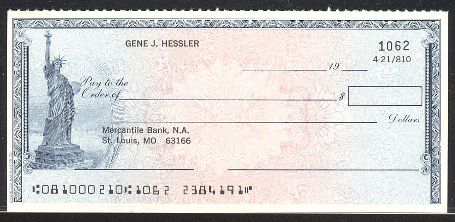 NEW - ABNC Custom-Made Engraved Check - Gene Hessler; Mercantile Bank ...