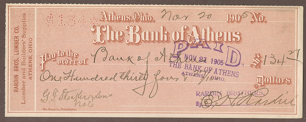 The Bank of Athens check, dated November 20. 1905.