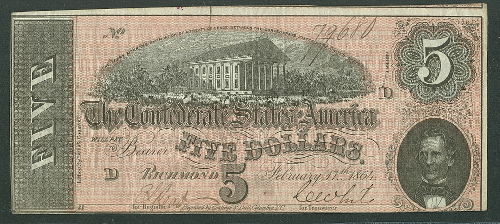 CSA, 1864 $5 Confederate Note, ChXF