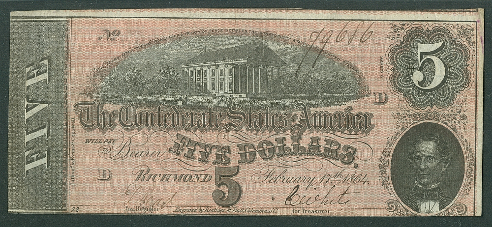 CSA, 1864 $5 Confederate Note, ChXF