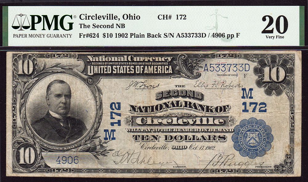 NEW - Circleville, Ohio, Ch. #172, 2nd NB, 1902PB $10, Very Fine