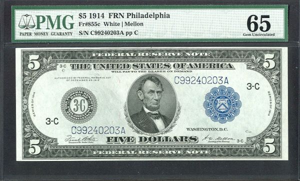 Fr.855c, 1914 $5 Philadelphia Federal Reserve Note, Gem PMG-65 EPQ