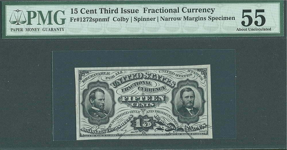 Fr.1272 Spnmf, 1863 15 Cent Grant-Sherman Narrow Specimen, Choice AU, PMG55