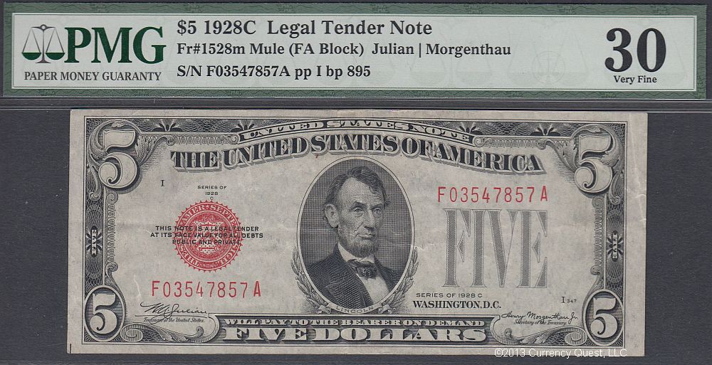 Fr.1528m, 1928-C $5 Legal Tender [Mule] Note, VF, PMG-30