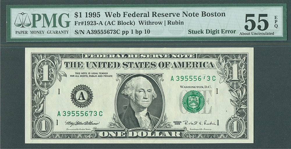 Fr.1923-A, 1995 $1 Web ERROR-Stuck Digit, A39555673C, pp 1, bp 10 ...