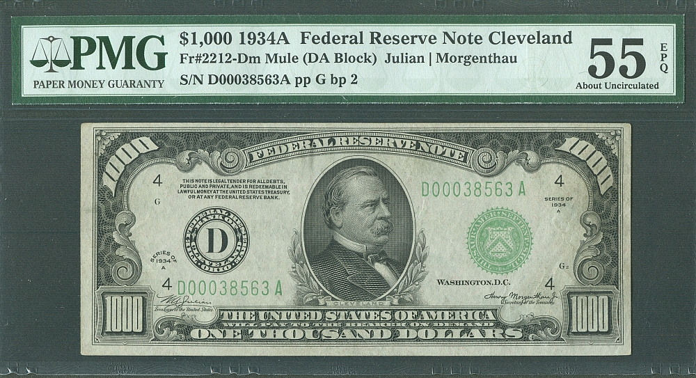 Fr.2212-D, 1934A $1000 (mule) Cleveland Federal Reserve Note ...
