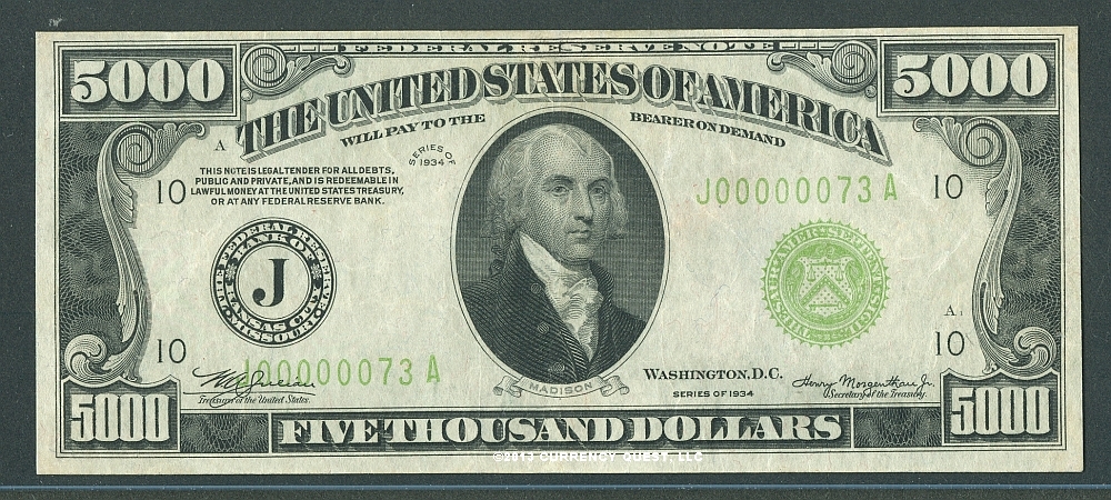 NEW - Fr.2221-J, 1934 $5000 Kansas City Federal Reserve Note, ChXF