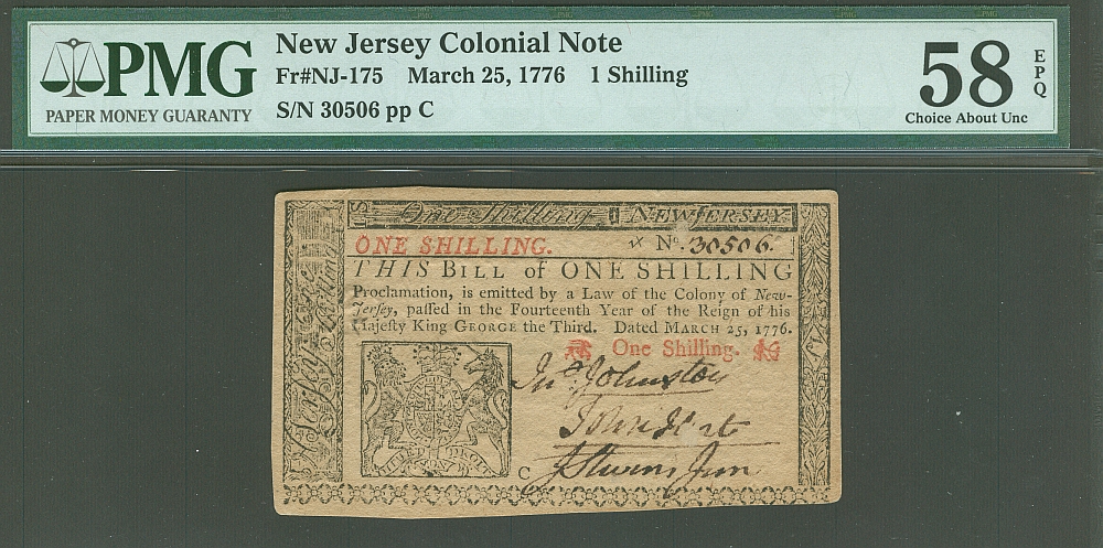 New Jersey Colonial Note, March 25, 1776 1 Shilling, John Hart hand ...