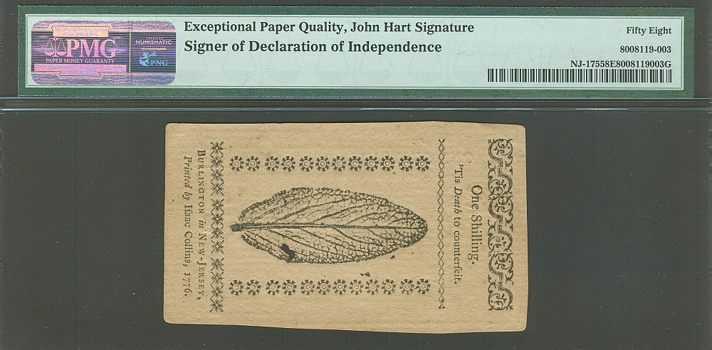 New Jersey Colonial Note, March 25, 1776 1 Shilling, John Hart hand ...
