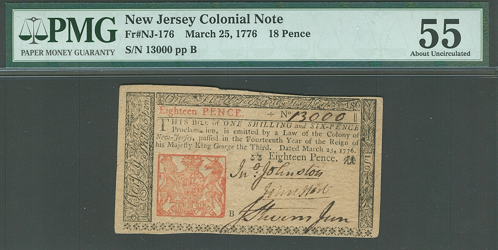 New Jersey Colonial Note, March 25, 1776 18 Pence, Signer of the ...