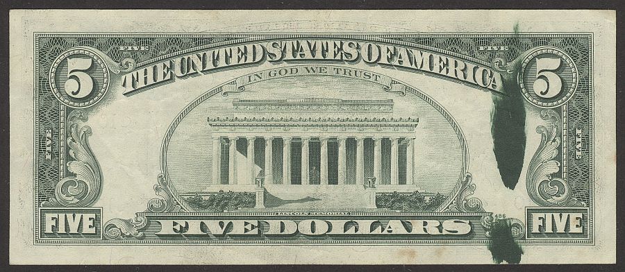 NEW - Ink Smear Error, 1977 $5 Kansas City FRN, XF, J70081655A