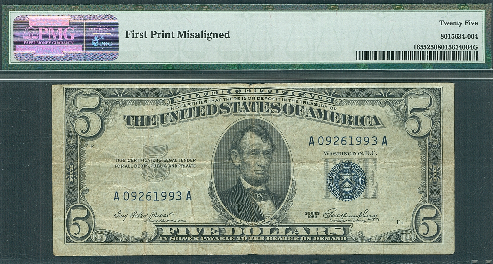 Misalignment Error Note, 1953 $5 Silver Certificate, Fr.1655 ...