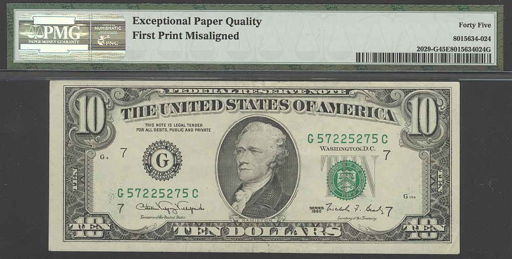 Misalignment Error Note, 1990 $10 FRN, Fr.2029-G, G57225275C, ChXF ...