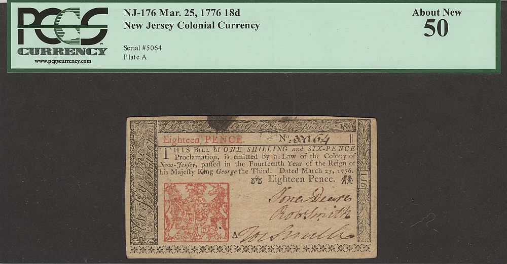 New Jersey Colonial Note, March 25, 1776 18 Pence, PCGS AU-50
