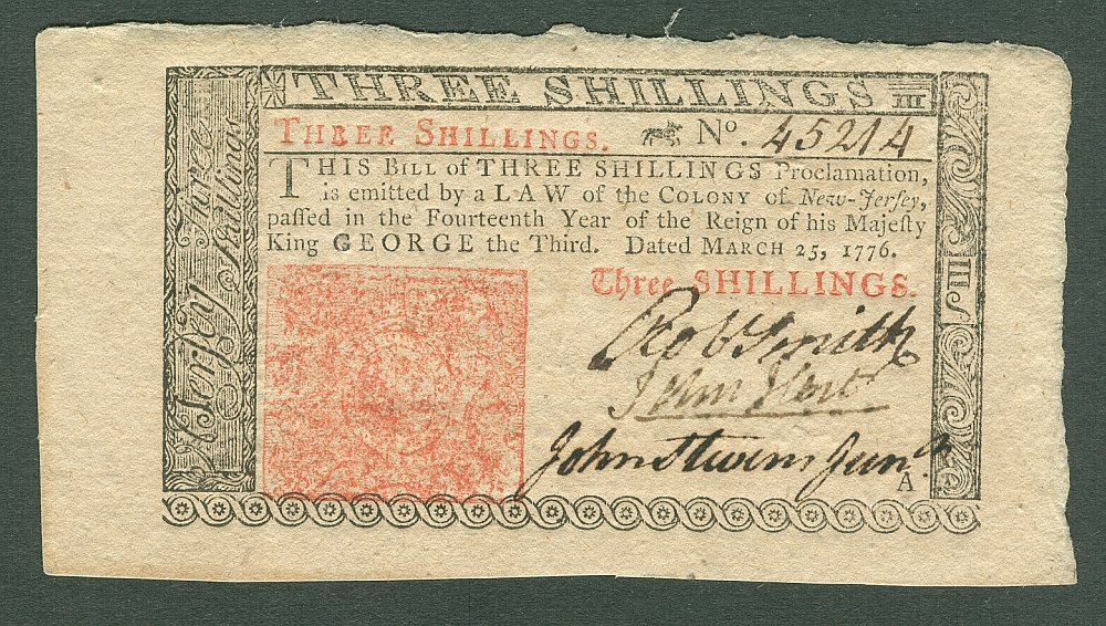 NJ Colonial, 3 Shillings, March 25, 1776 - John Hart Signature