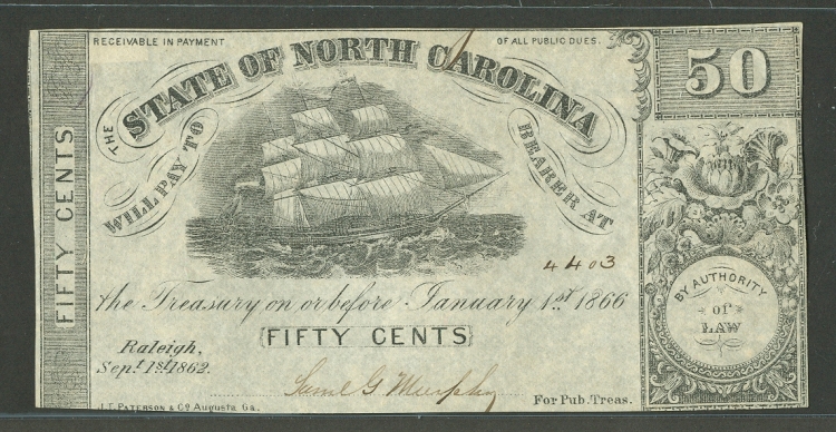 1866 State of North Carolina, 50c Bearer Note, CU