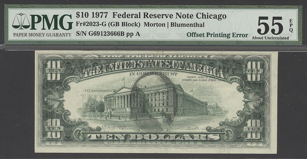 Offset Printing Error, 1977 $10 Chicago FRN, Fr.2023-G, G69123666B ...