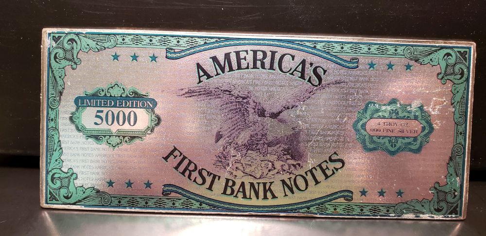 Silver "America's First Bank Notes" 4 Oz. .999 Fine Silver Bar ...