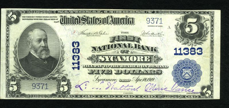 The FNB of Sycamore, OH, Ch.#11383, Fr.606, 1902PB $5, 9371, Extremely Fine