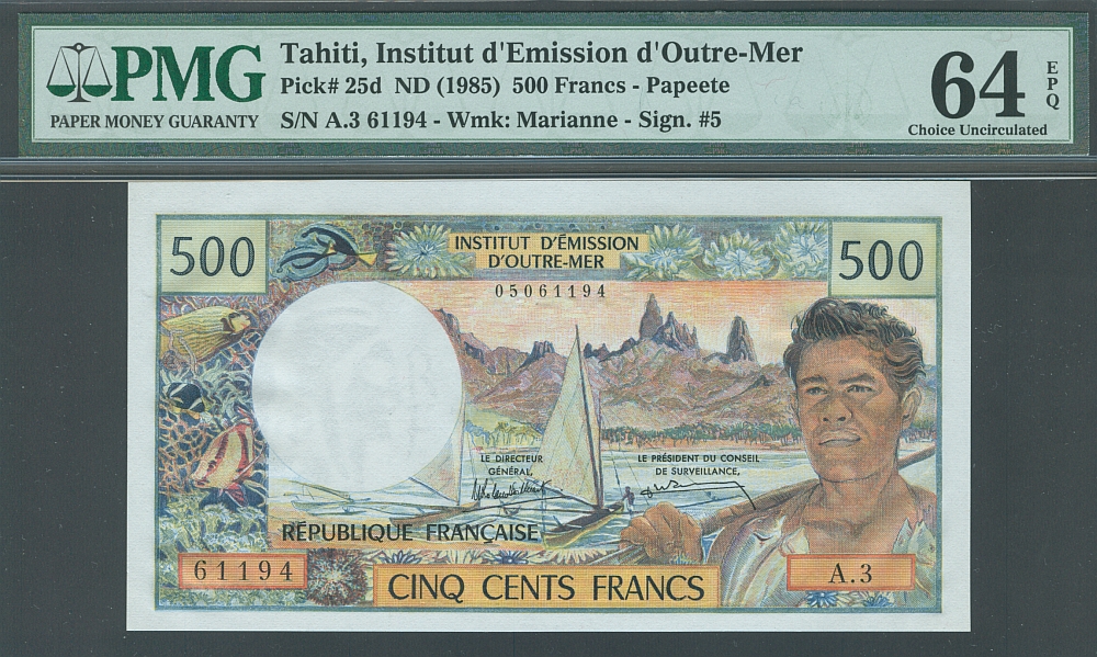 NEW - Tahiti, Institut d'Emission d'Outre-Mer, P-25d, 1985 500 Francs ...
