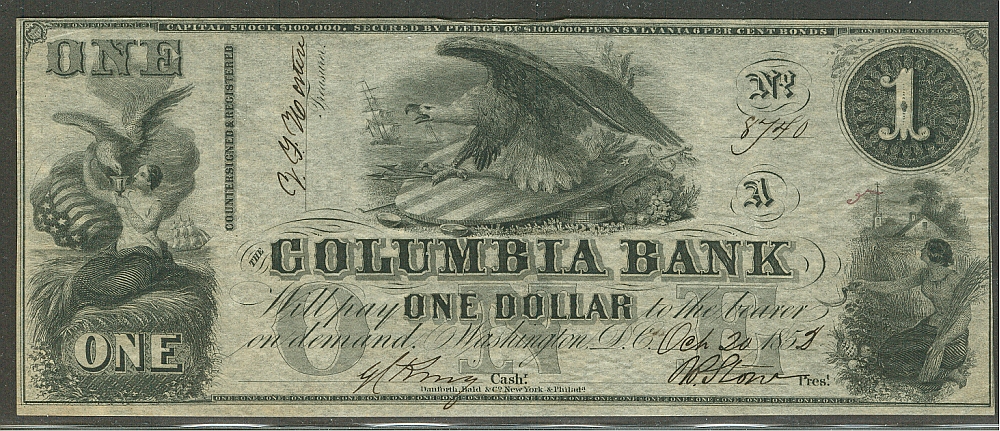 Washington, DC, Columbia Bank 1852 $1, XF