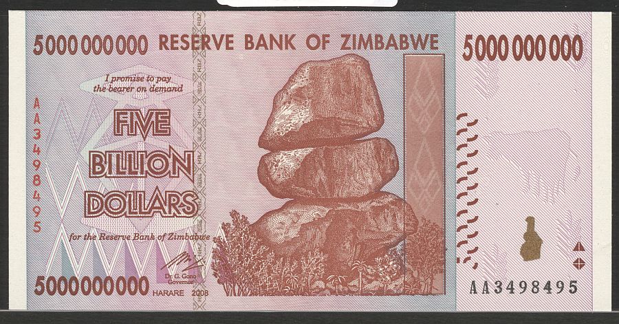 2008 Reserve Bank of Zimbabwe $5,000,000,000 Note (Five Billion Dollars)