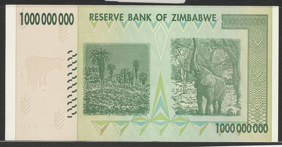 2008 Reserve Bank of Zimbabwe $1,000,000,000 Note (One Billion Dollars)