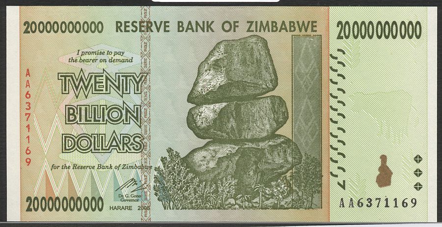 2008 Reserve Bank of Zimbabwe $20,000,000,000 Note (Twenty Billion Dollars)